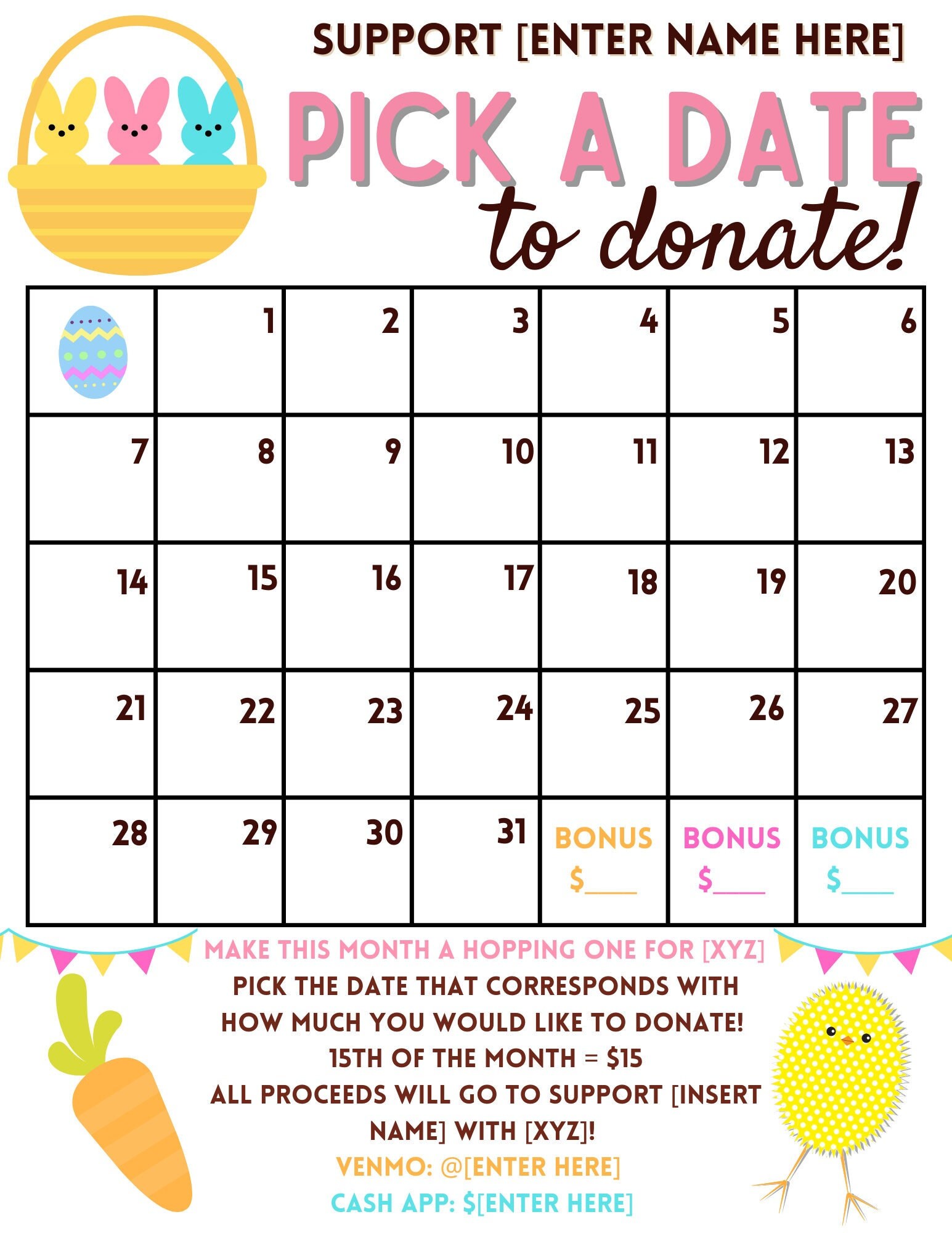 EDITABLE Pick a Date Fundraiser | Calendar | Sponsor a Date | Easter ...