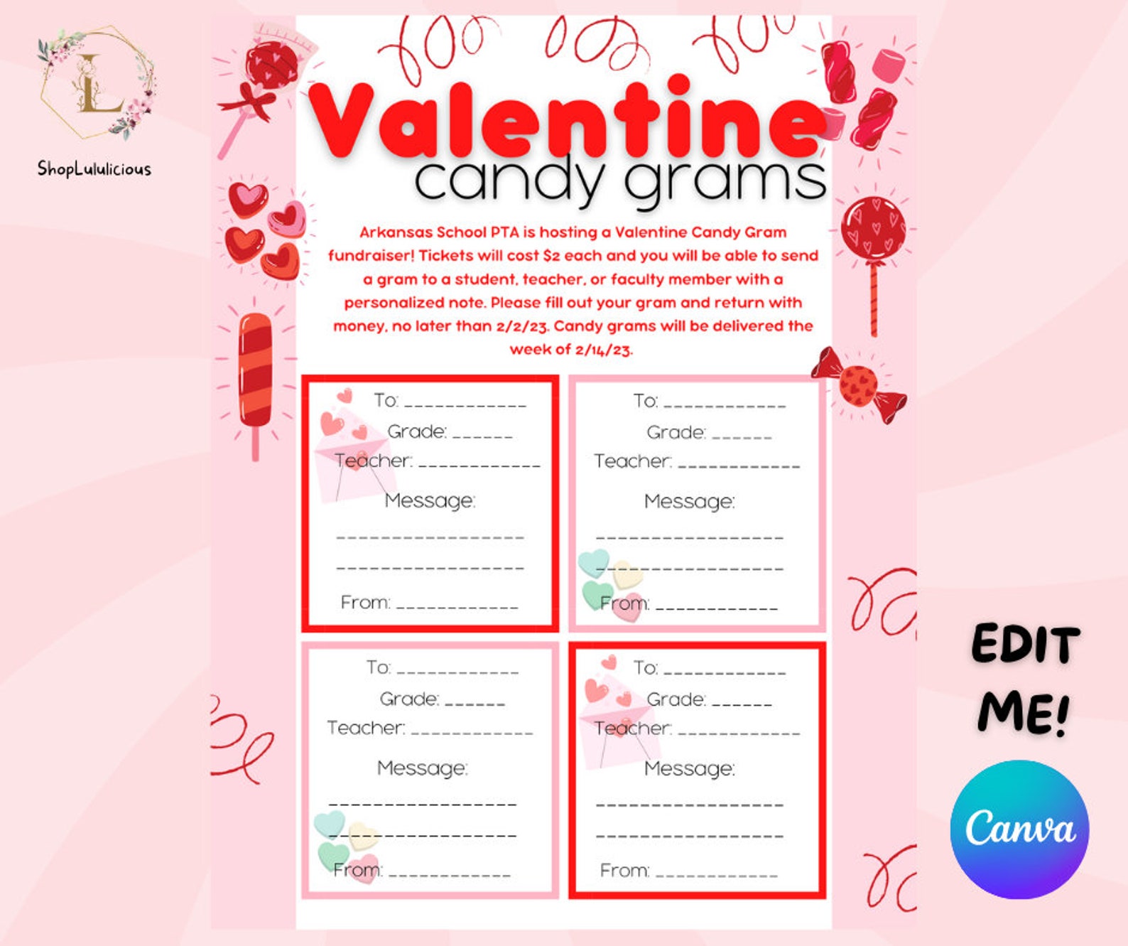 Valentine's Candy Gram Fundraiser | EDITABLE | PTA | PTO | School ...