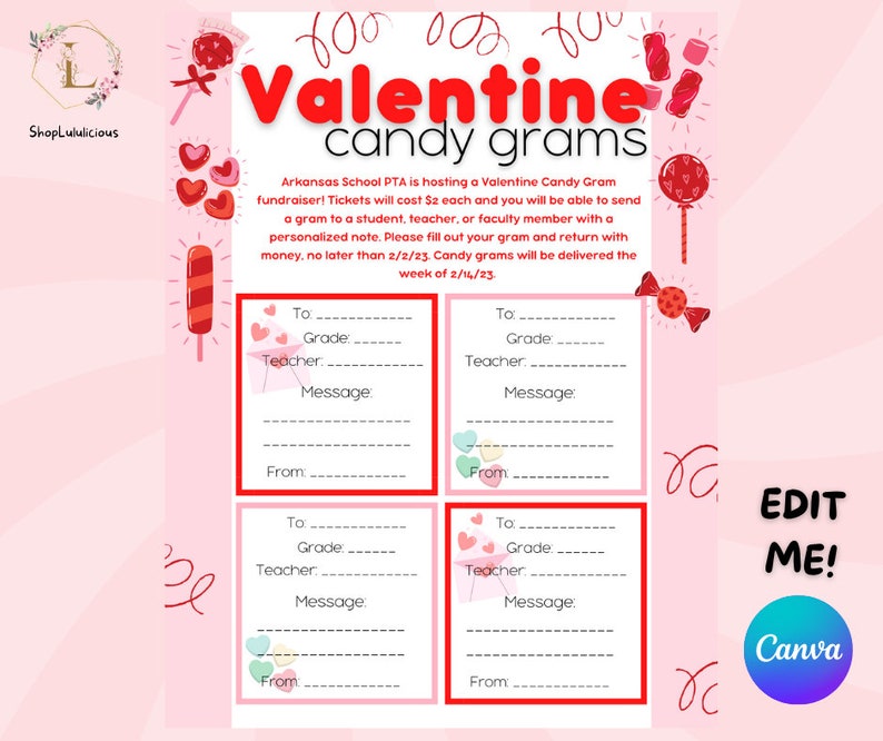 Valentine's Candy Gram Fundraiser | EDITABLE | PTA | PTO | School ...