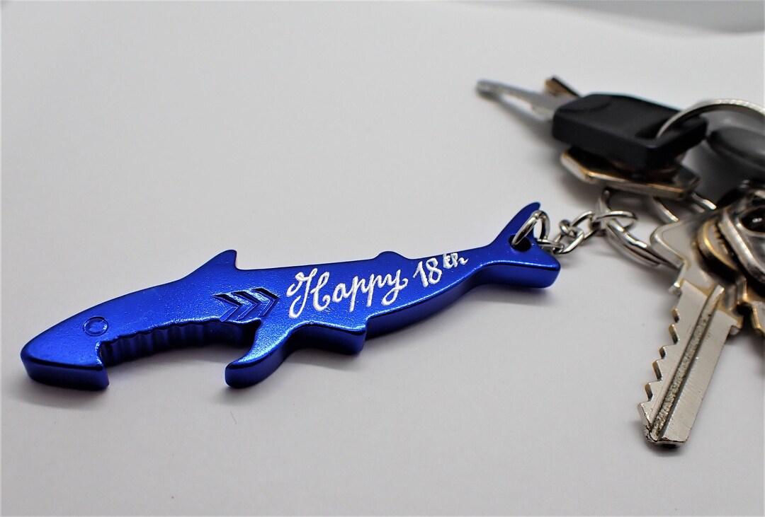 Personalised Shark Keyrings, Engraved by Hand, Bottle Opener Keyring ...