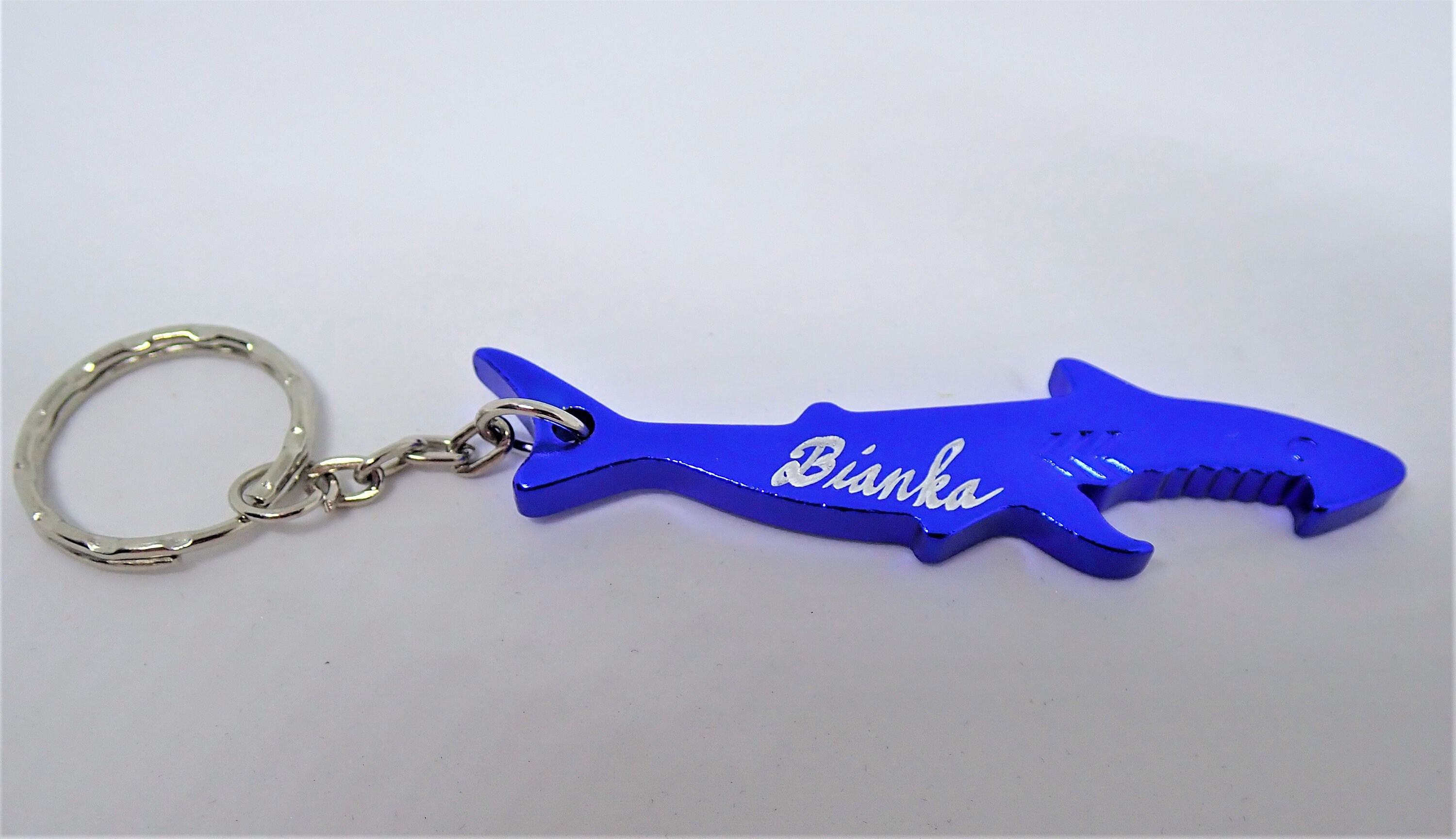 Personalised Shark Keyrings, Engraved by Hand, Bottle Opener Keyring ...