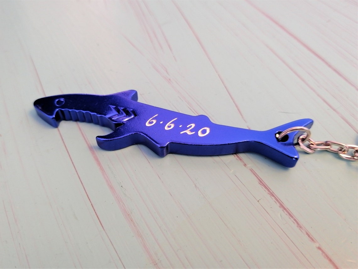 Personalised Shark Keyrings, Engraved by Hand, Bottle Opener Keyring ...