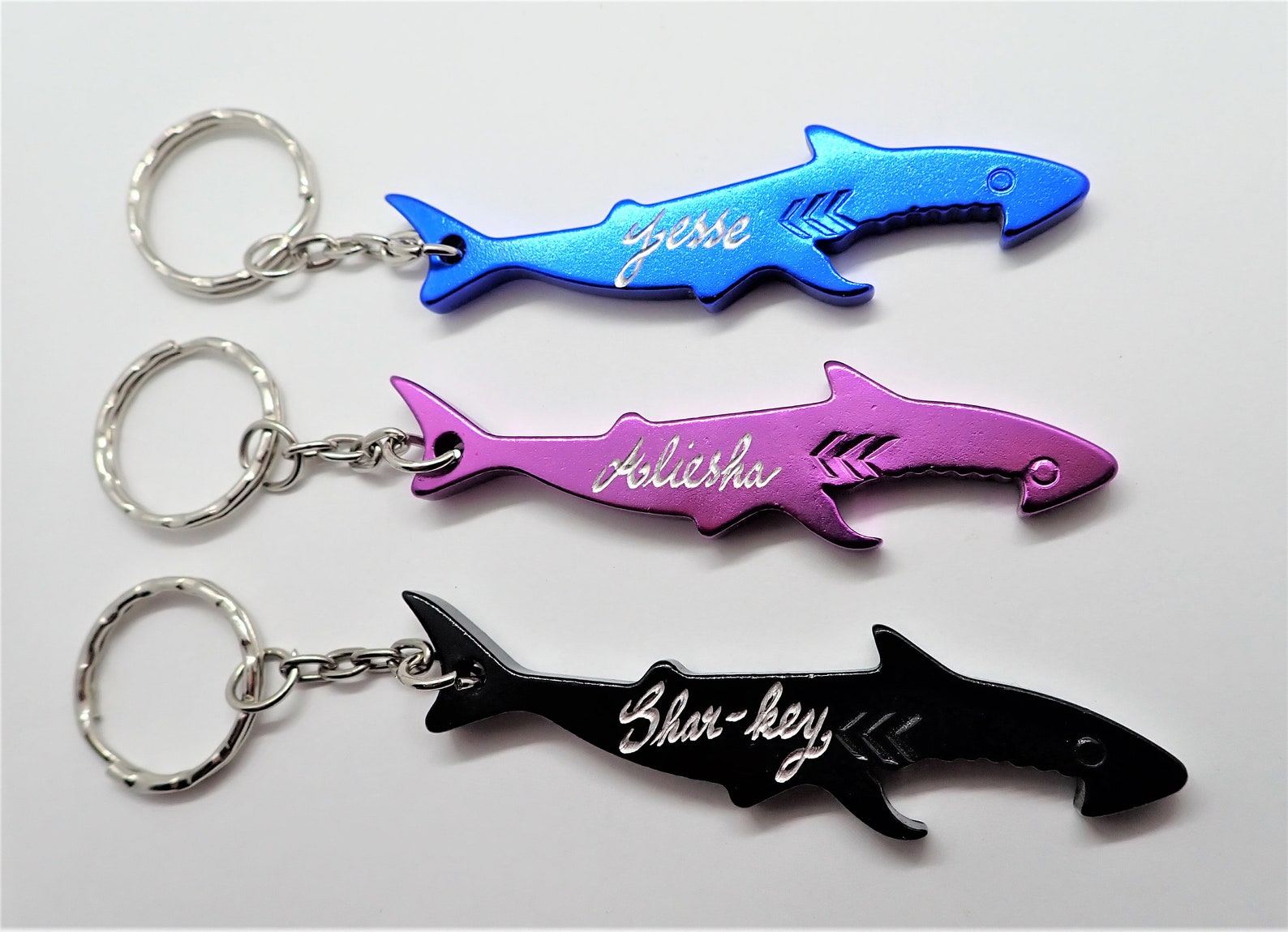 Personalised Shark Keyrings, Engraved by Hand, Bottle Opener Keyring ...