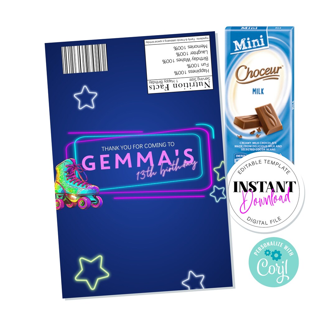 Digital Neon Skate Party Wrapper, DIGITAL ONLY, Editable File, Instant ...