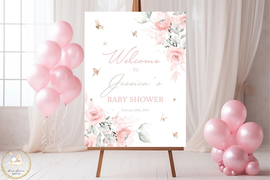 Floral Baby Shower Welcome Sign, Butterfly Baby Shower Sign, Pink Baby ...