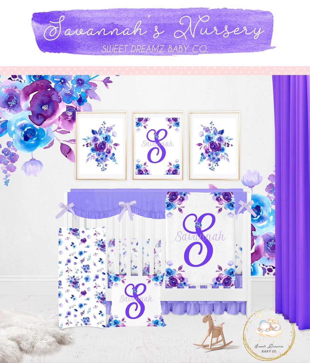 Floral Crib Bedding Set, Purple Crib Bedding Set, Baby Girl Bedding Set ...