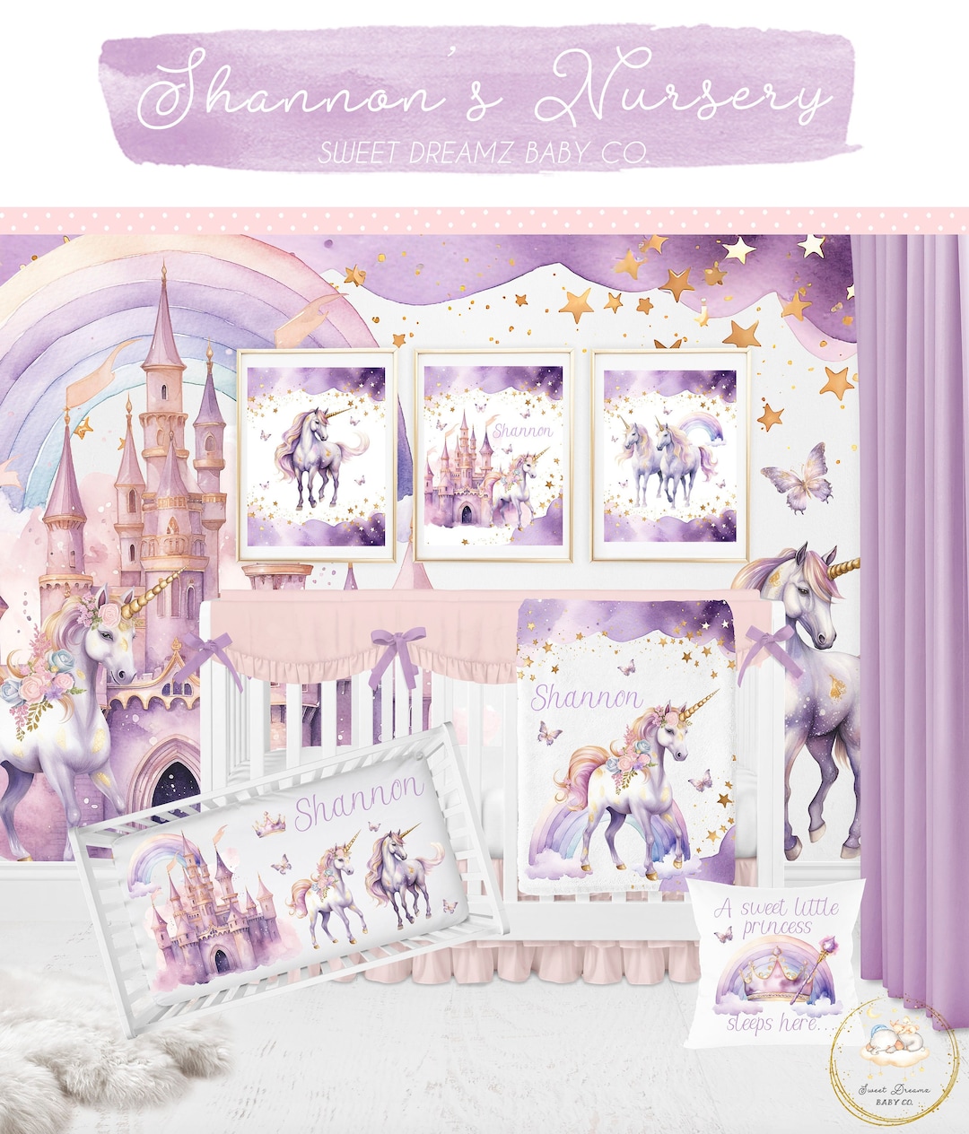 Unicorn Crib Bedding Set, Purple Baby Bedding Set, Unicorn Nursery ...