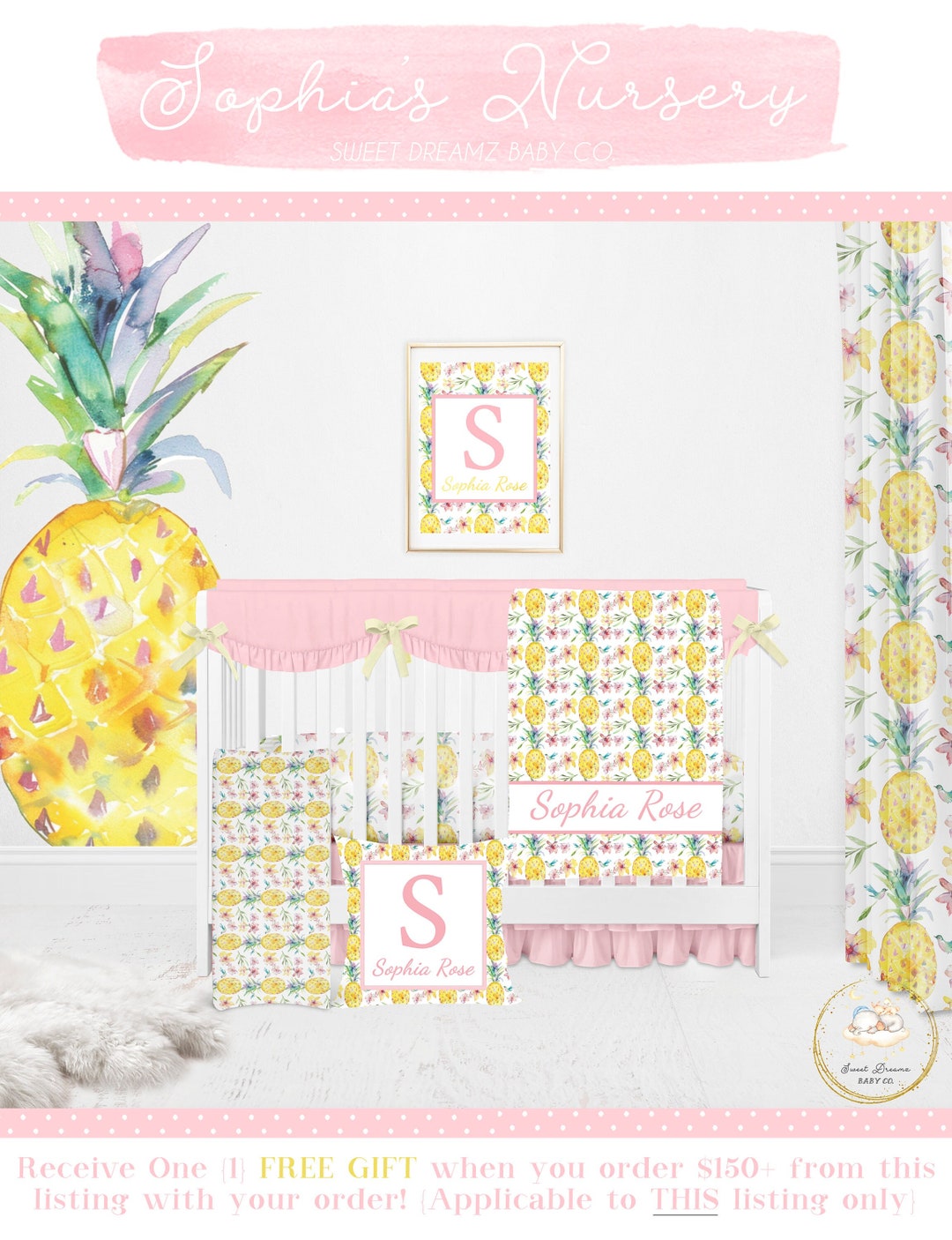 Pineapple Crib Bedding Set, Pink Floral Crib Bedding Set, Tropical ...