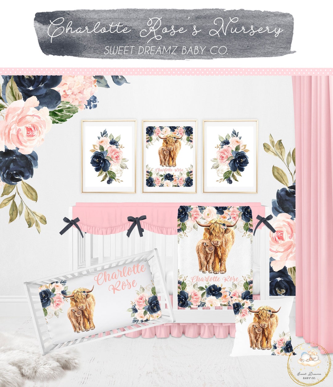 Highland Cow Crib Bedding, Baby Girl Crib Bedding Set, Farm Nursery ...