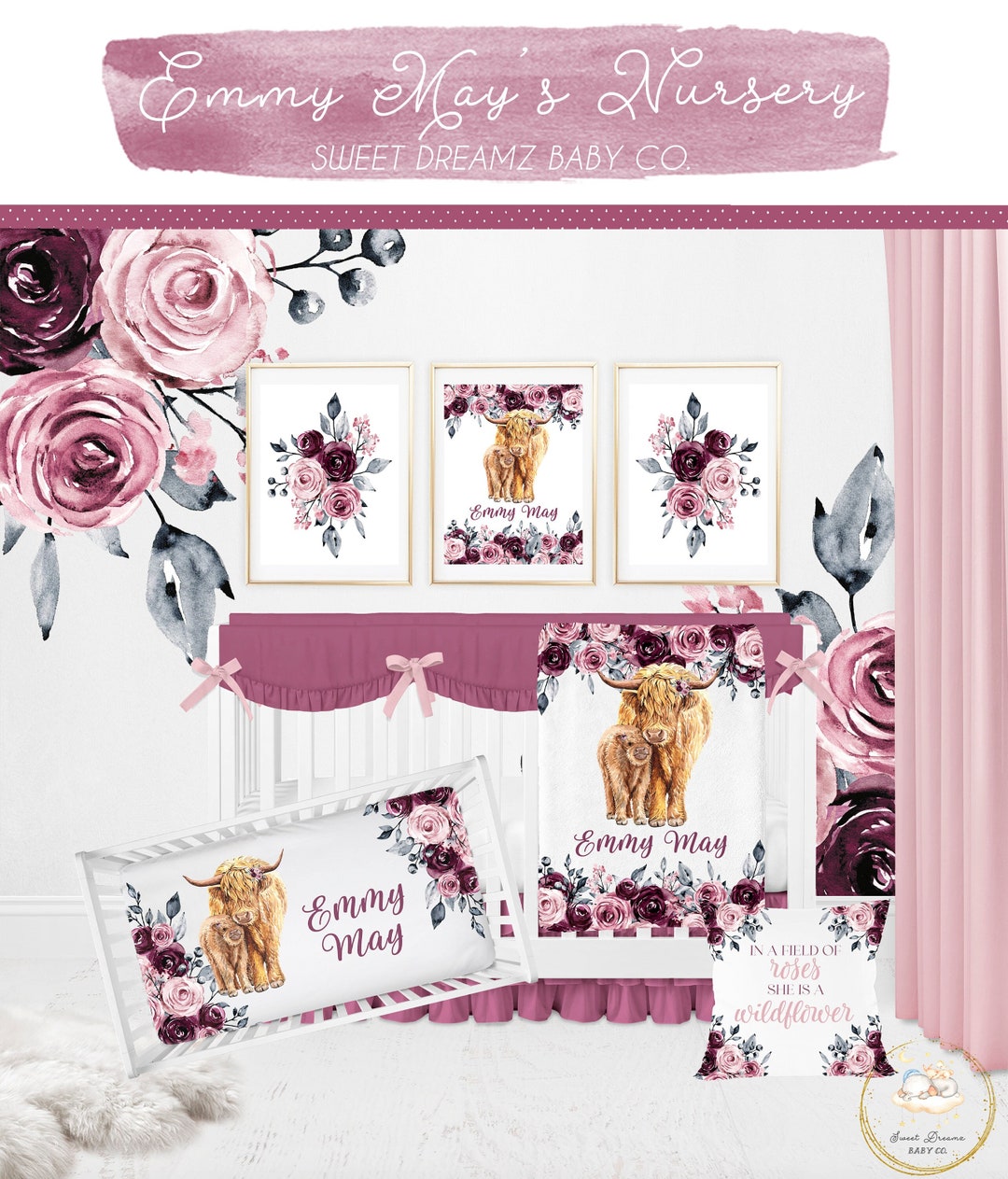 Highland Cow Crib Bedding Set, Purple Floral Crib Bedding Set, Burgundy ...