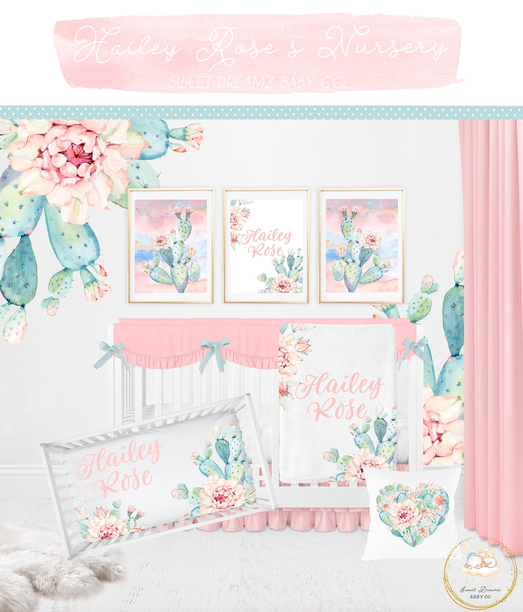 Cactus Crib Bedding Set, Cactus Nursery Girl, Pink Baby Bedding Girl ...