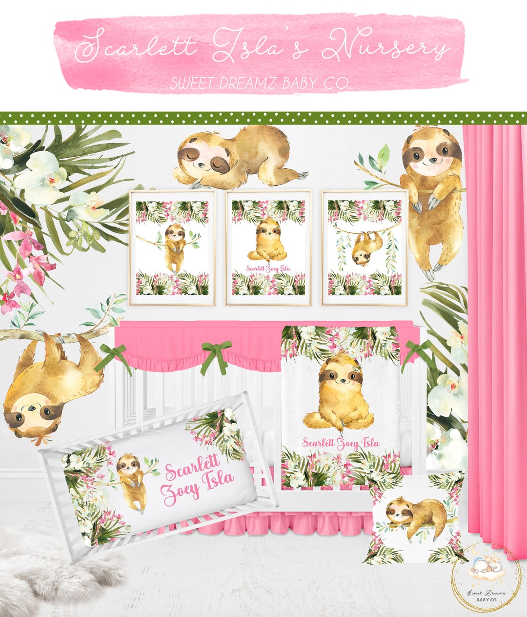 Sloth Crib Bedding Set, Baby Girl Crib Bedding, Sloth Nursery Decor ...