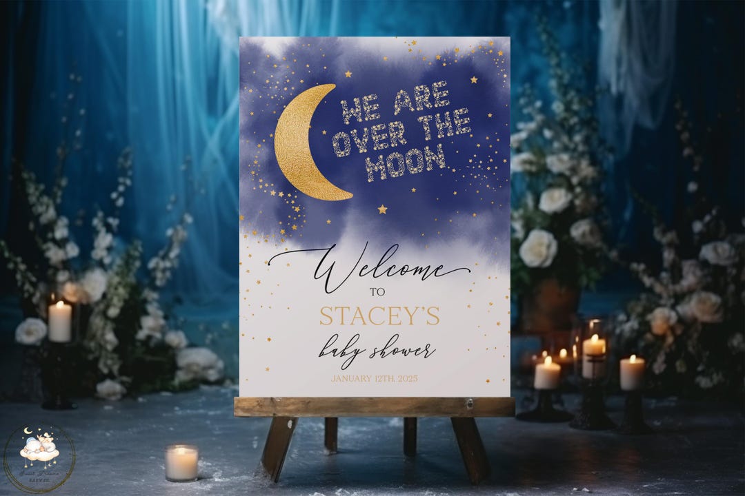 Over the Moon Baby Shower Welcome Sign, Navy Blue Baby Shower Sign ...