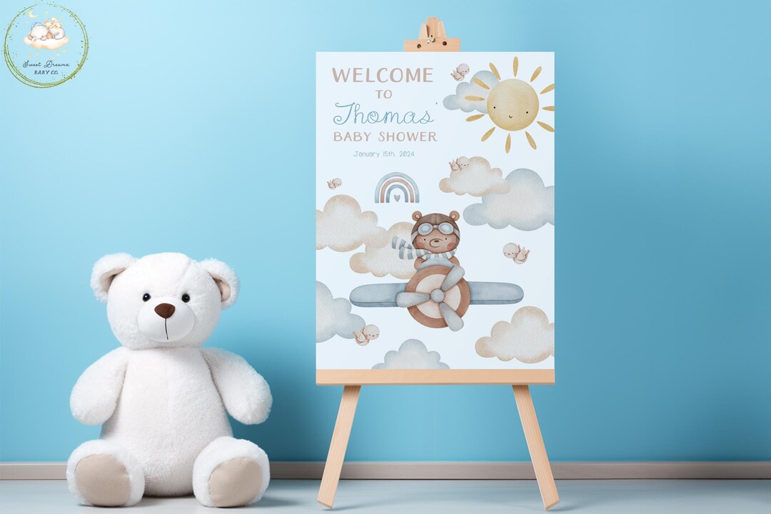 Teddy Bear Baby Shower Welcome Sign, Airplane Baby Shower Decor Boy ...