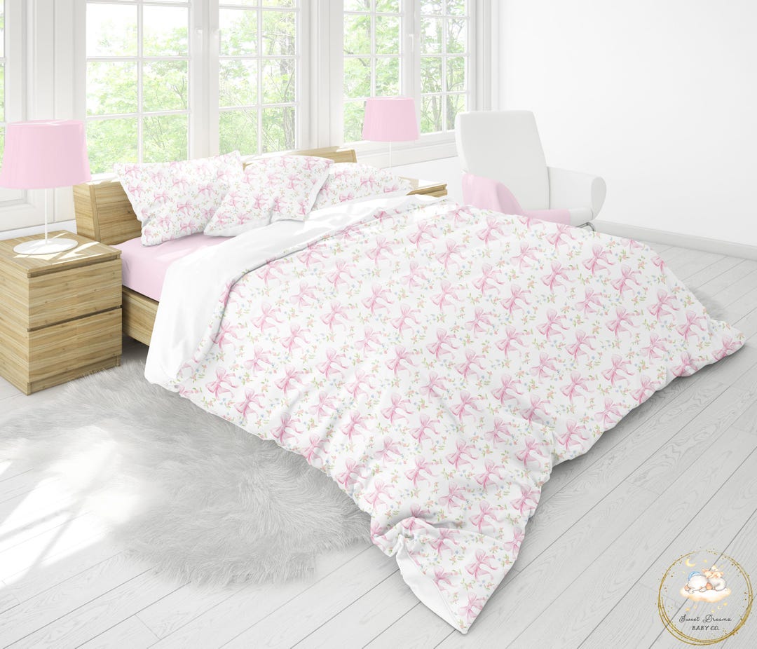 Pink Floral Coquette Bedding Set, Twin Pink Bow Bedding, Pink Duvet ...