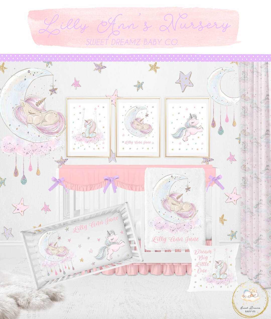 Unicorn Crib Bedding Set, Pink Baby Girl Crib Bedding Pastel, Custom ...