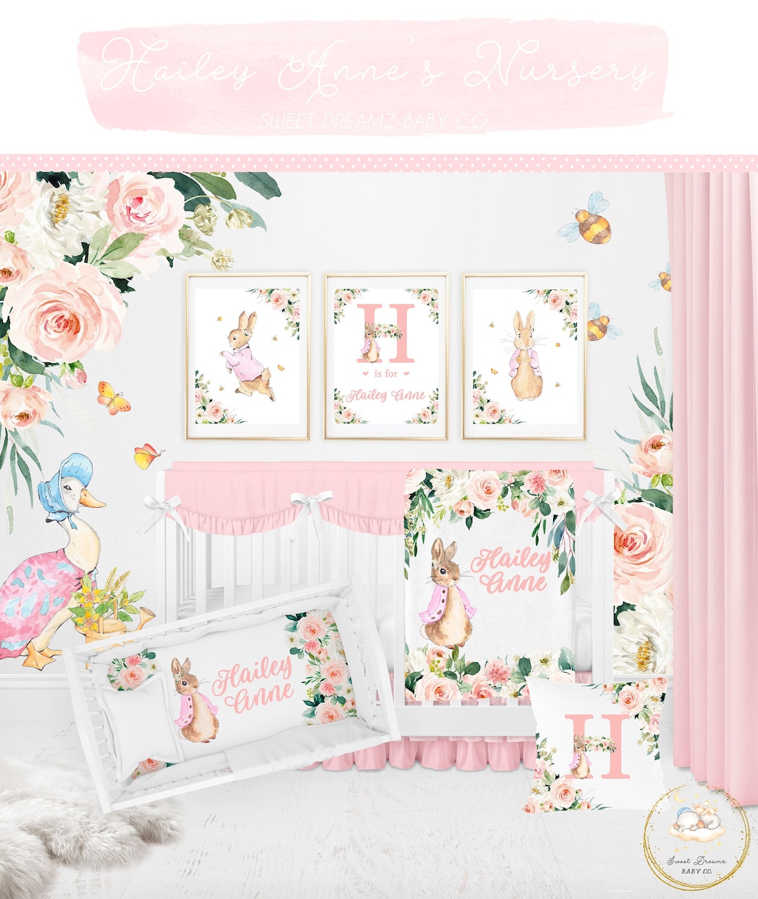 Peter Rabbit Crib Bedding Set, Blush Baby Bedding Set, Floral Nursery ...