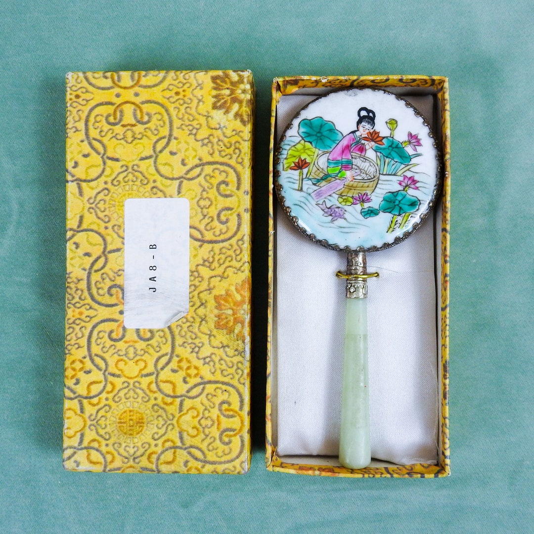 Vintage Chinoiserie Hand Mirror / Asian Style Porcelain Pocket Mirror ...