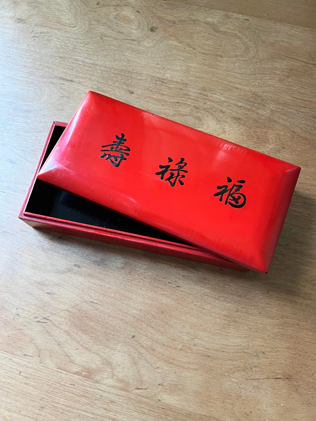 Vintage Lacquer Ware Wood Box AIZU Japan Buddhist Fu Lu Shou Good Luck ...