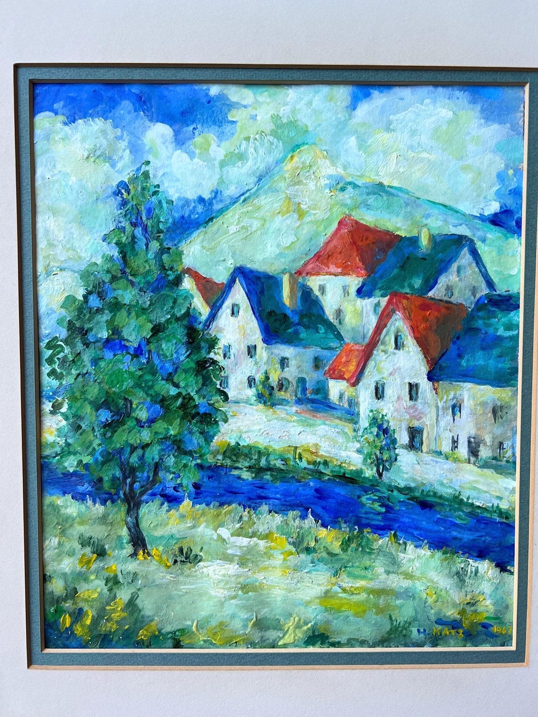 1967 H. KATZ Painting Country Mountain Houses Scene Expressionist ...