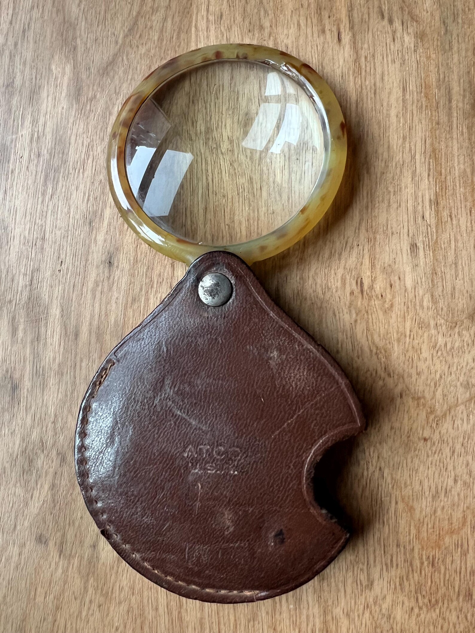 Vtg ATCO Folding Magnifying Glass Leather Tortoise CELLULOID Plastic ...