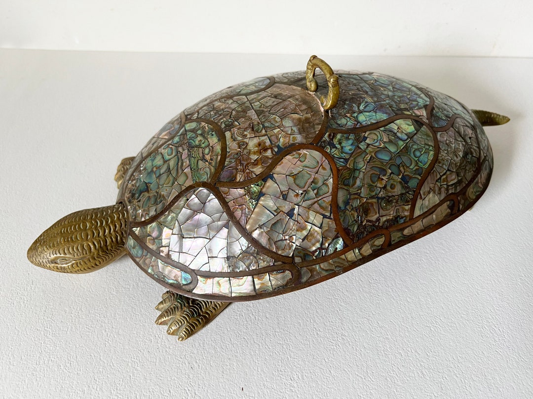 Mexican Mid-century Abalone and Brass Turtle Serving Bowl Tray Folk Art ...