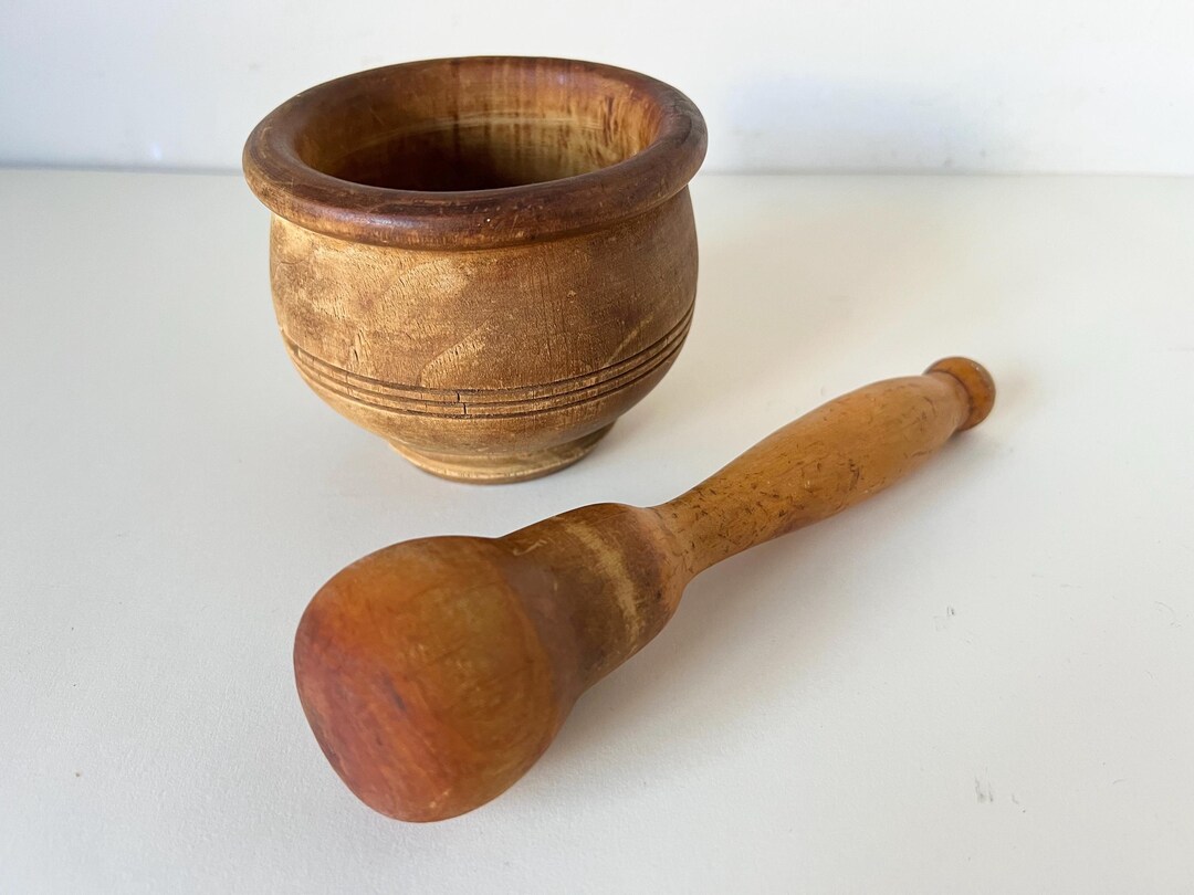 French Vintage Woden Pestle & Mortar, Rustic Kitchen Patina Turned Bowl ...