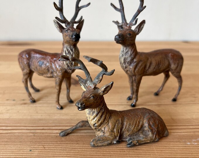 3 Antique Cast Metal Standing Deer Figurine German Reindeer Christmas ...