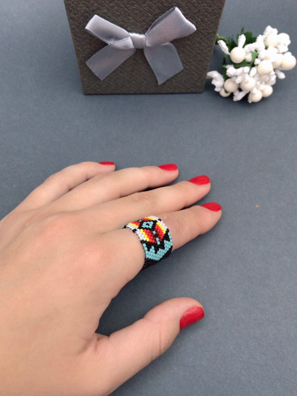 Black Colorful Native Style Ring Beaded Wide Ring American - Etsy