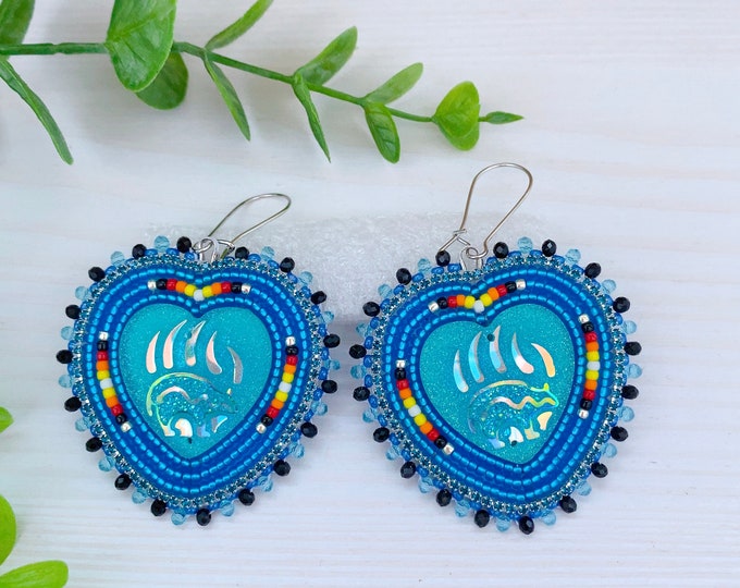Blue Beadwork Earrings Bear Paw in Native Style Large Heart Dangle ...