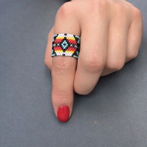 Black Colorful Native Style Ring Beaded Wide Ring American Beadwork ...