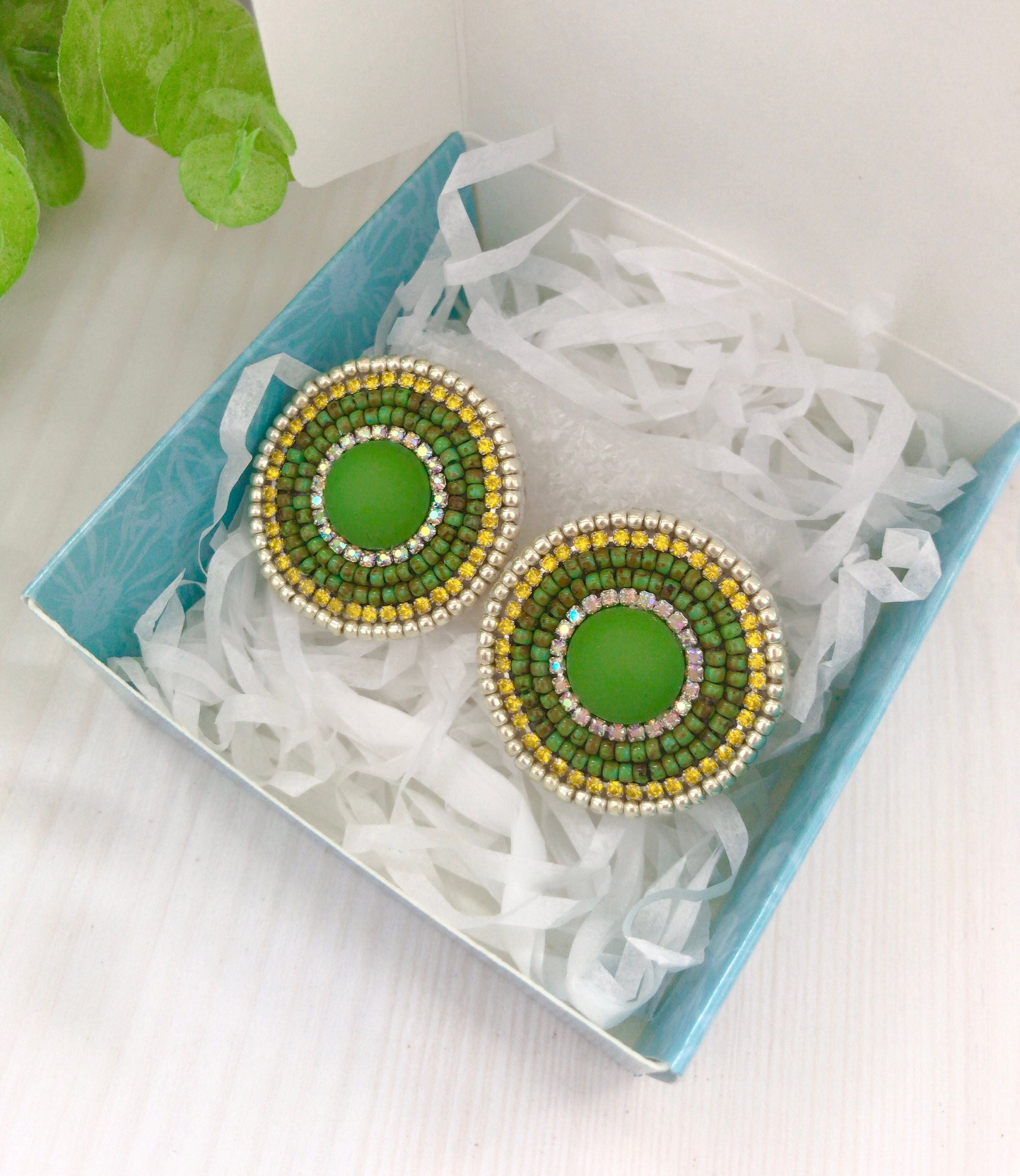 Green Beadwork Earrings Round Native Style Stud Earrings With - Etsy