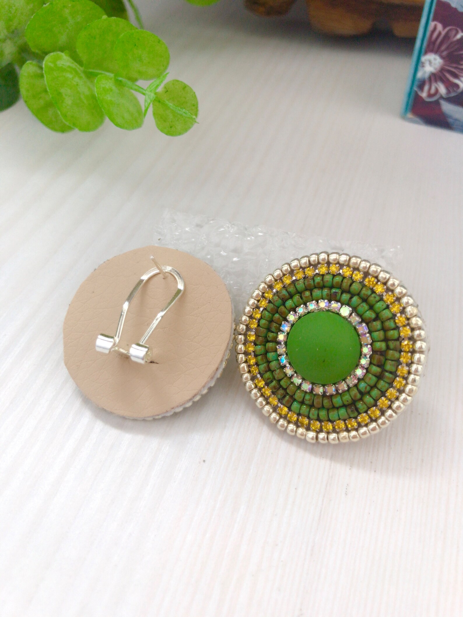 Green Beadwork Earrings Round Native Style Stud Earrings With - Etsy