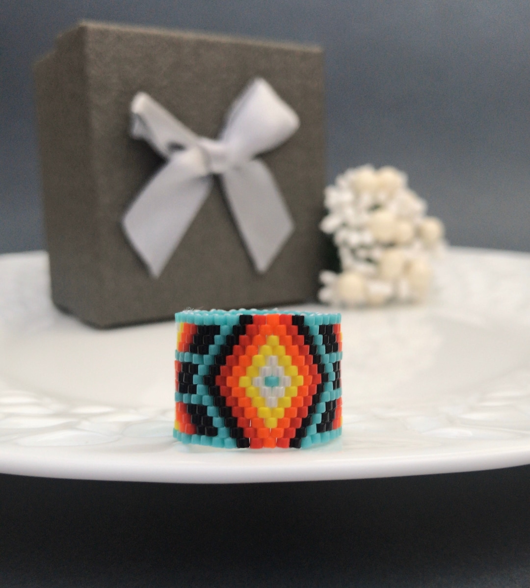 Turquoise Colorful Native Style Beaded Ring Peyote Wide Ring Ethnic ...