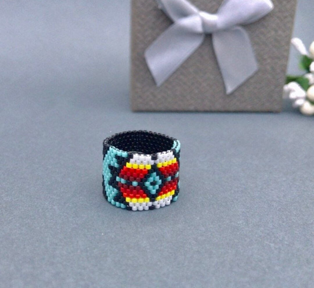 Black Colorful Native Style Ring Beaded Wide Ring American Beadwork ...