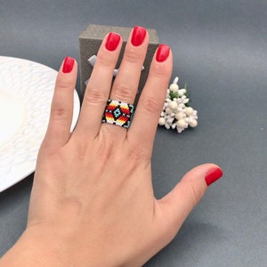 Black Colorful Native Style Ring Beaded Wide Ring American Beadwork ...