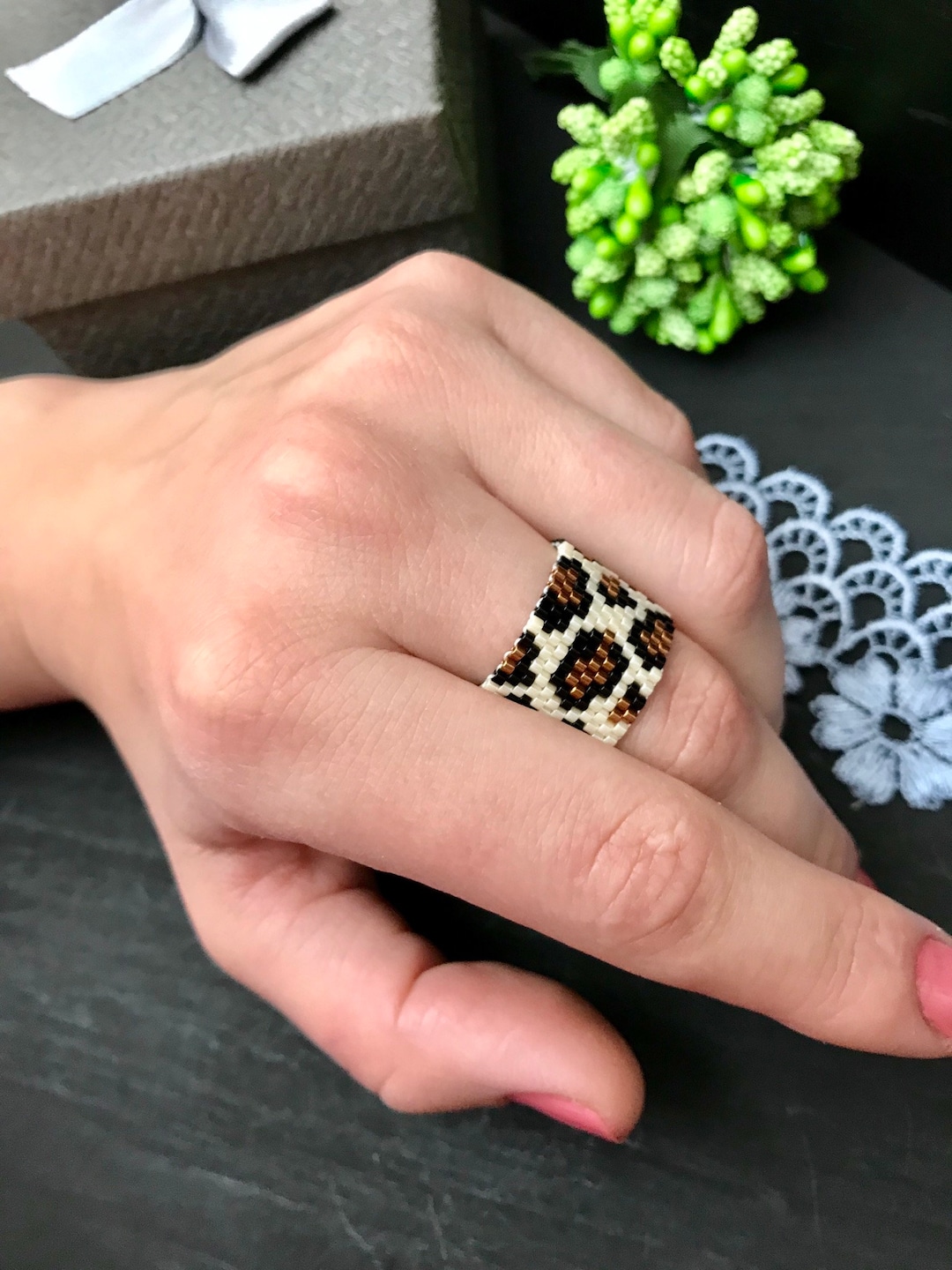 Wide Beaded Leopard Ring, Flexible Seed Bead Band Jewelry - Etsy