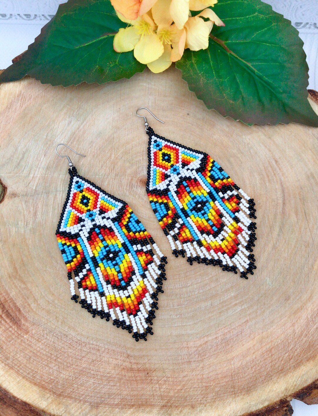 Colorful Fringe Native Style Earrings Large White Boho Earrings ...