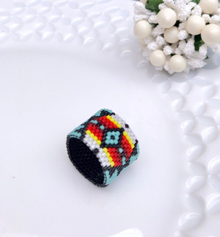 Black Colorful Native Style Ring Beaded Wide Ring American - Etsy