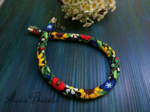 Sunflowers Beadwork Necklace Black Colorful Choker Poppies - Etsy