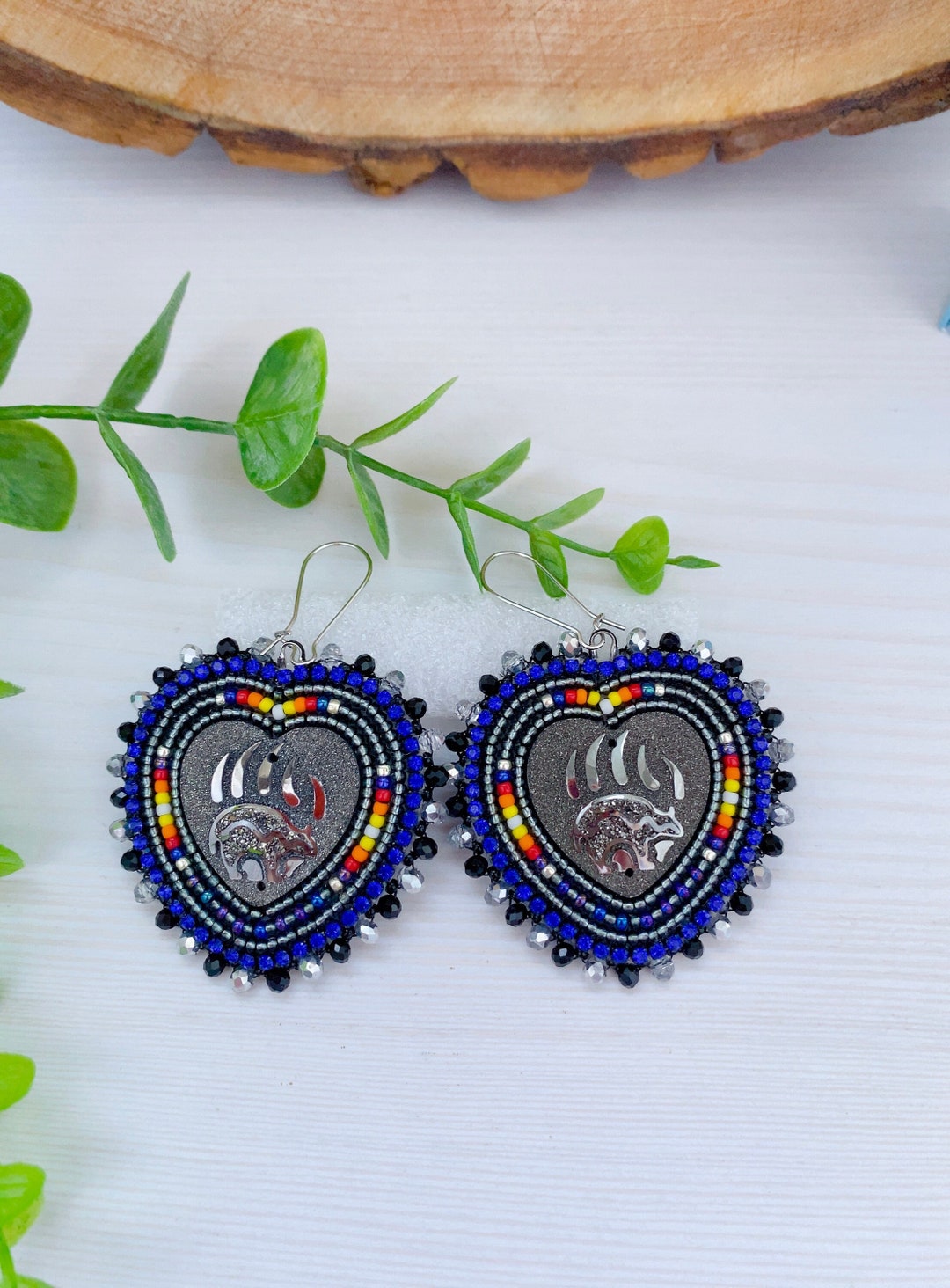 Beadwork Bear Paw Earrings Black Blue Native Style Jewelry - Etsy