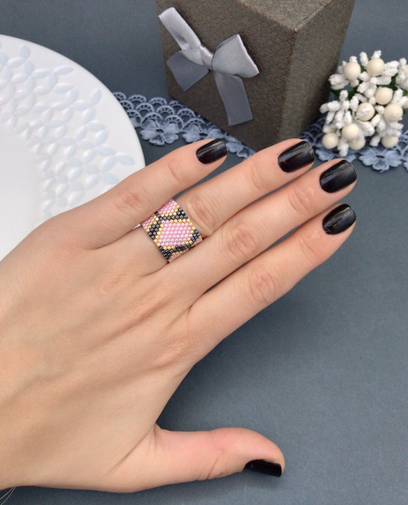 Wide Snake Ring Beaded Pink Gold Band Peyote Ring With Python - Etsy