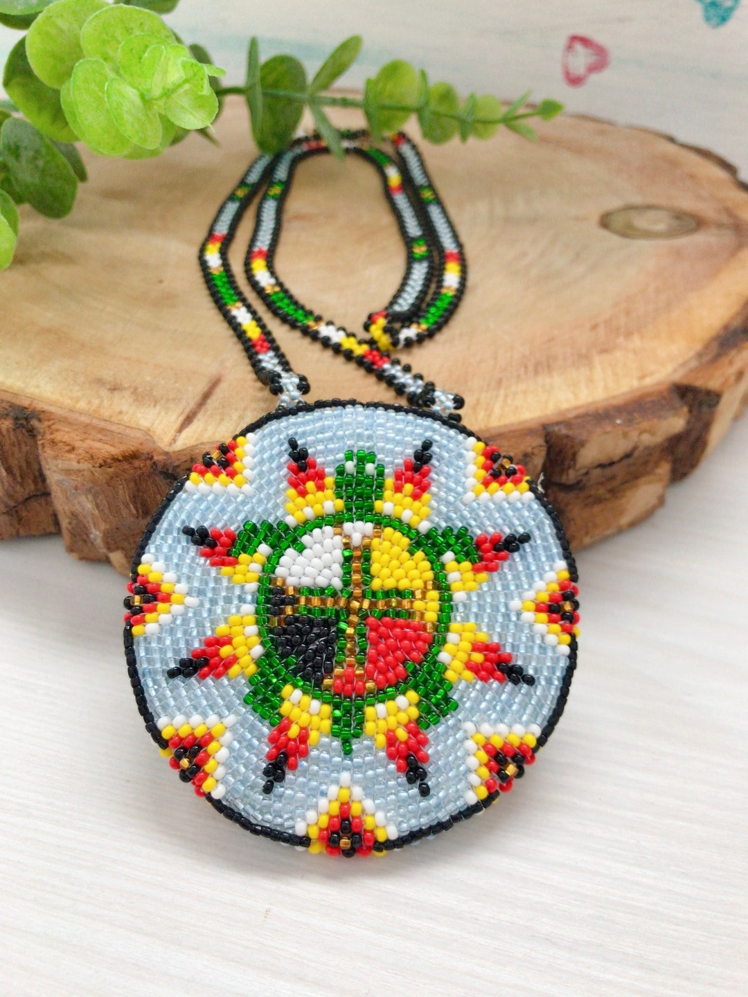 Native Medicine Wheel Style Medallion Beaded Necklace With Turtle ...