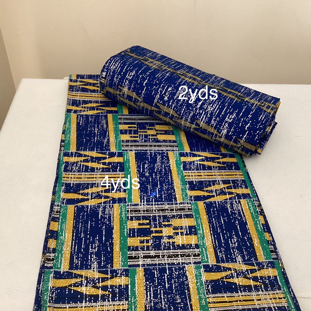 Blue / Yellow Color Block Silver Thread Kente Design Fabric - Etsy