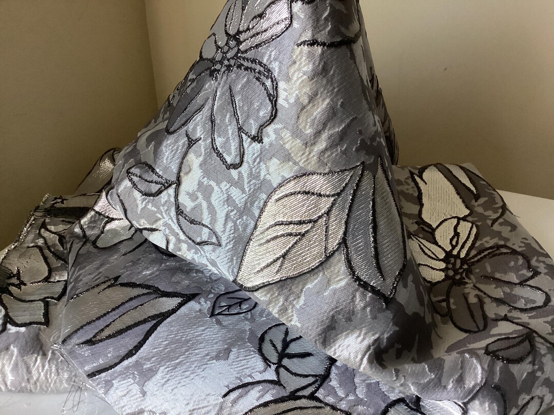Brocade Metallic Embossed Silver Grey Out Line Flower Brocade Jacquard ...
