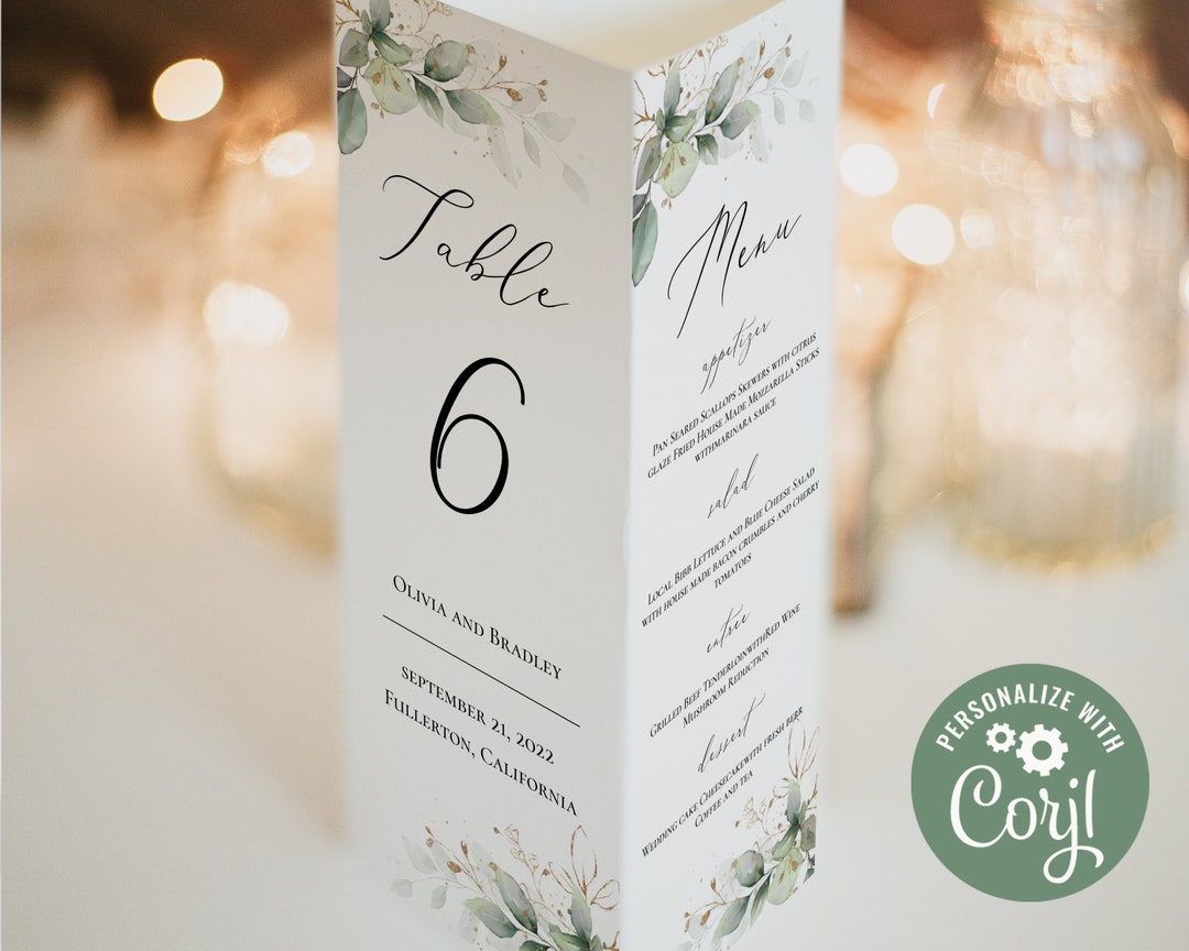 Trifold Table Stand Template, Greenery Gold Tri-fold Table Number ...