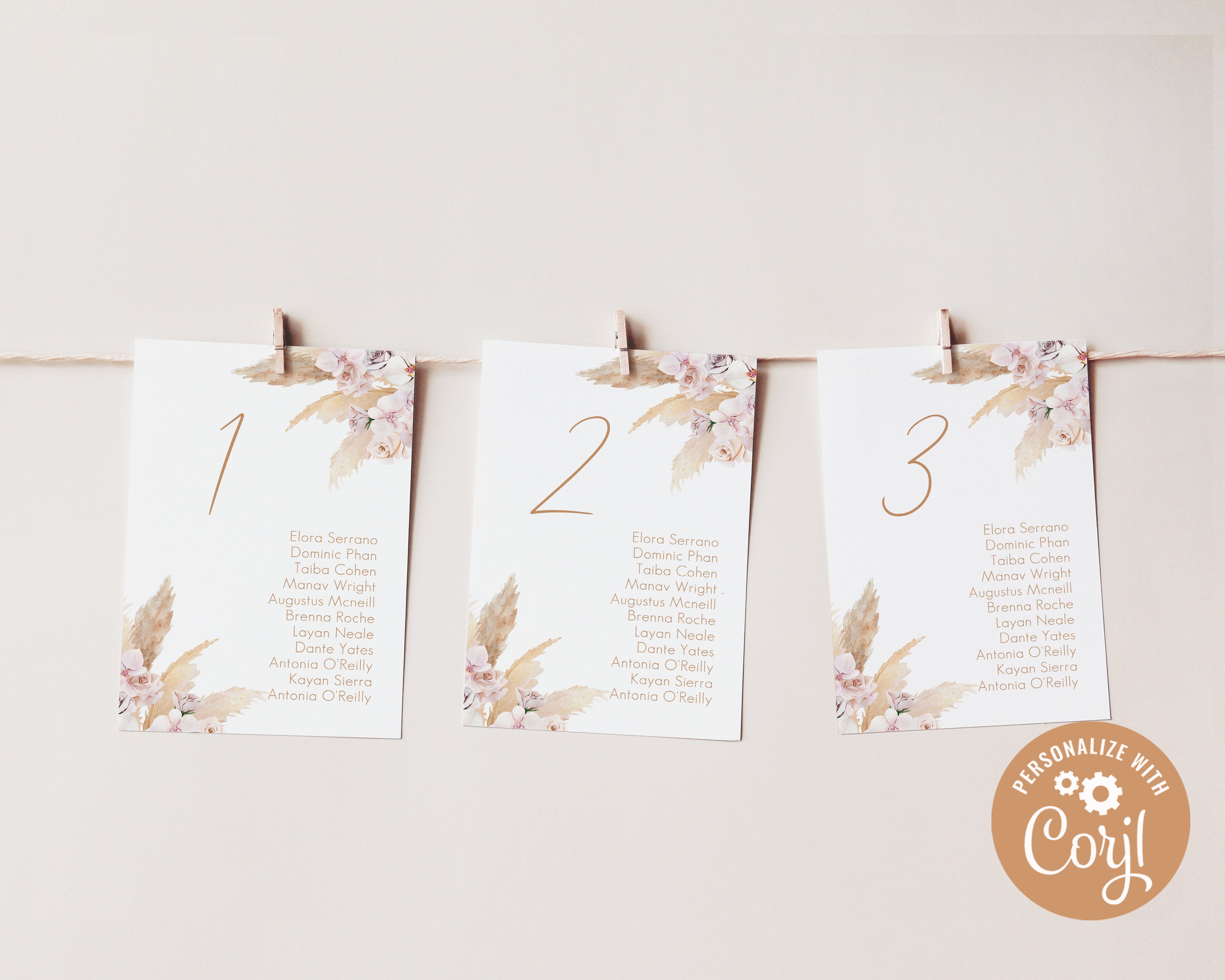 Boho Bohemian Seating Chart Card Template Pampas Grass - Etsy