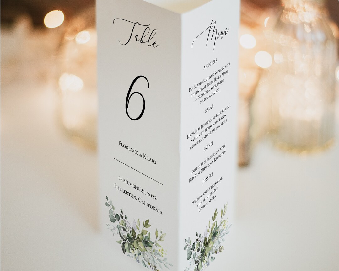 Trifold Table Stand Template, Greenery Tri-fold Table Number Template ...