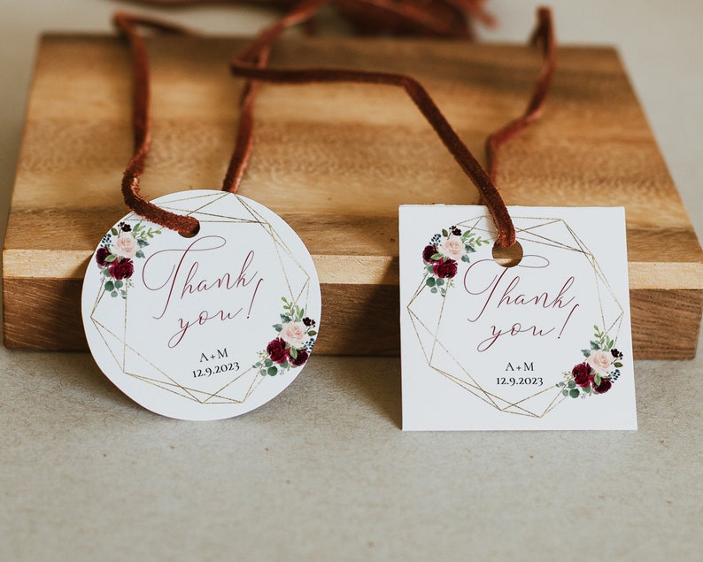 Burgundy Round Favor Tag Template, Printable Round Wedding Label ...
