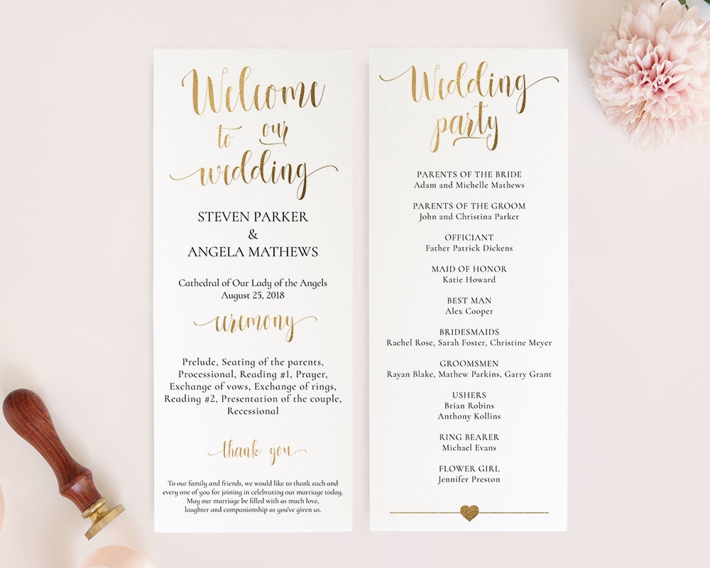 Gold Wedding Program Template Order of Ceremony Printable | Etsy
